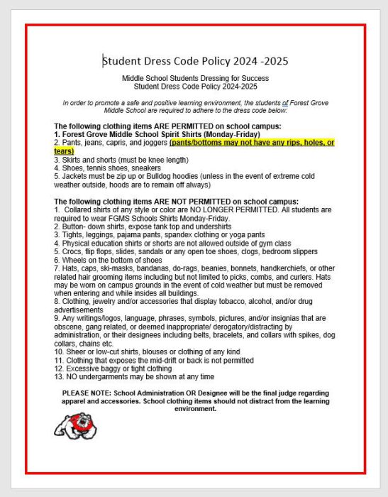 Dress Code – Forest Grove Middle School