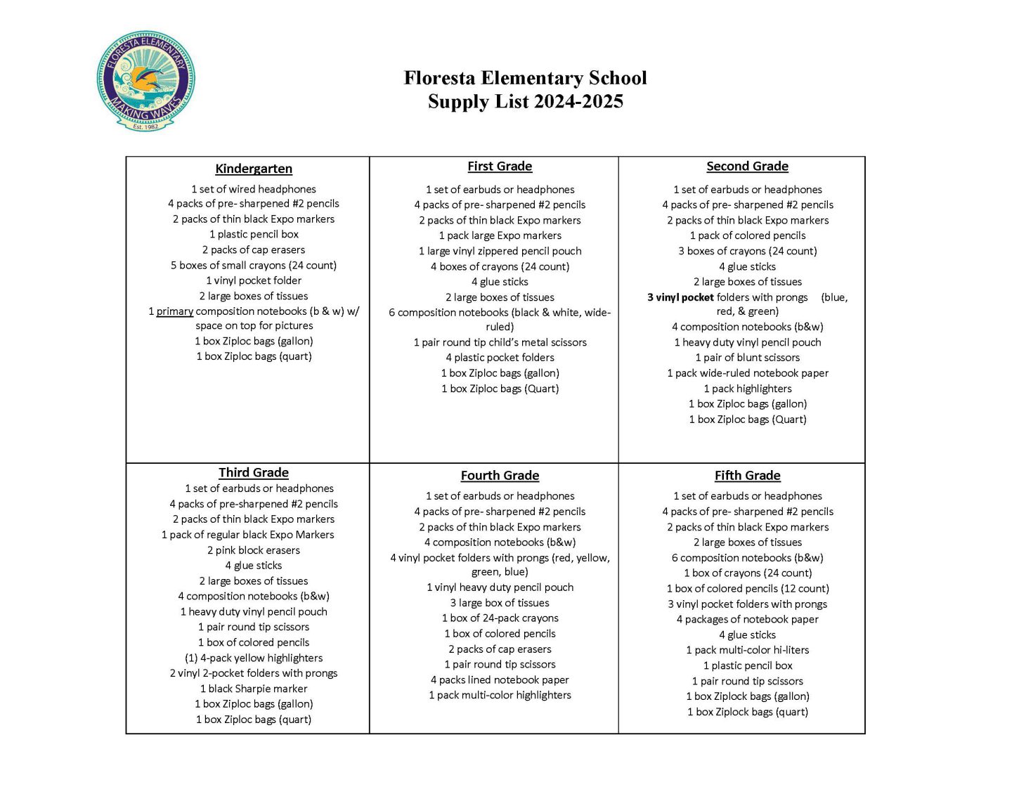 2024-2025 School Supplies – Floresta Elementary School