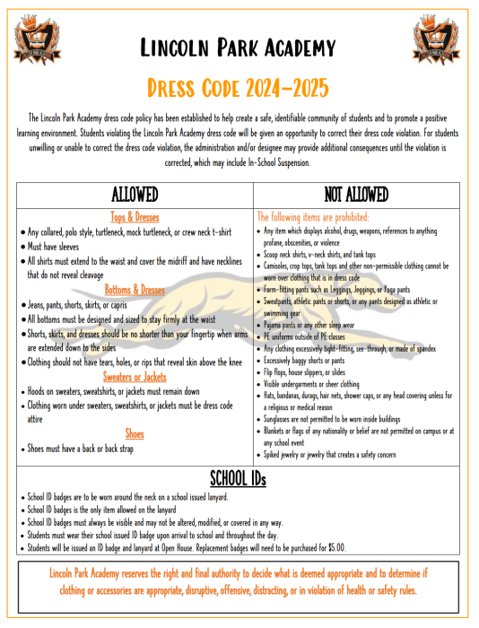 2024-2025 Dress Code – Lincoln Park Academy