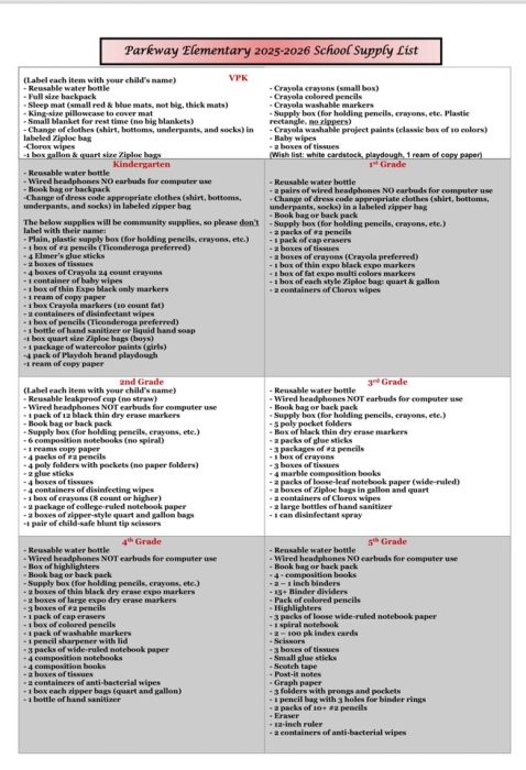 Student Supply List 2025-2026 School Year – Parkway Elementary