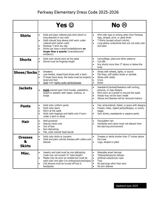 Student Dress Code 2025-2026 School Year – Parkway Elementary