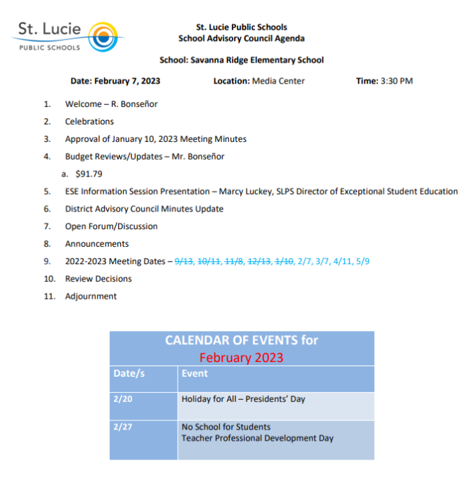 SAC Agenda for February 7, 2023 - Savanna Ridge Elementary